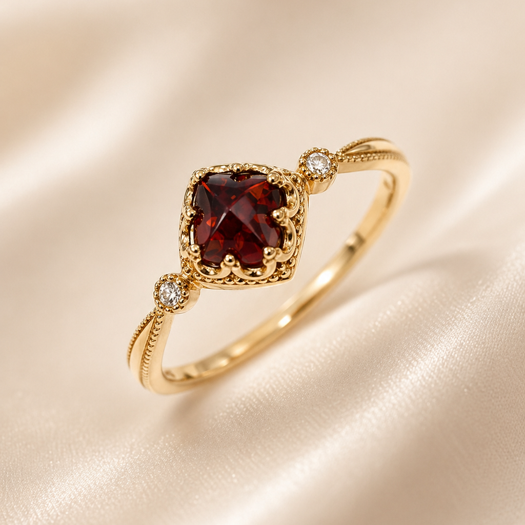 14K Gold Garnet Ring – Womens Dainty January Birthstone Ring – CAMELLIA